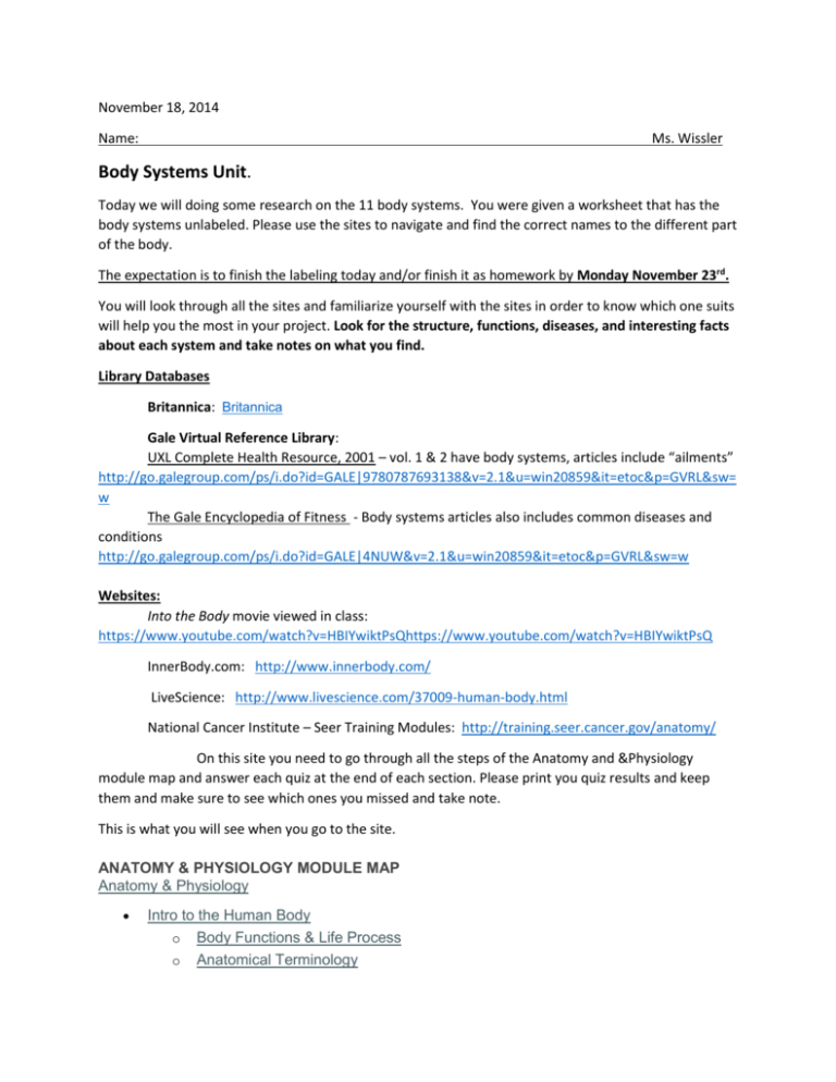 Body Systems Lesson Plan B