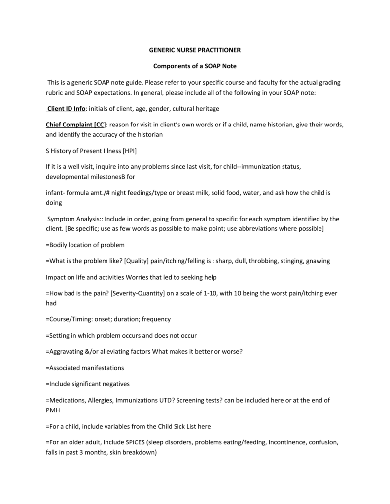 GENERIC NURSE PRACTITIONER Components Of A SOAP Note