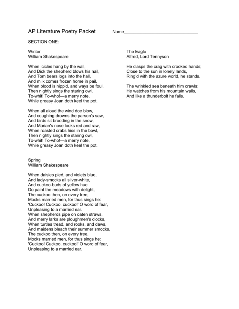 AP Literature Poetry Packet Shakespeare Tennyson AP Literature Poetry Packet Shakespeare Tennyson