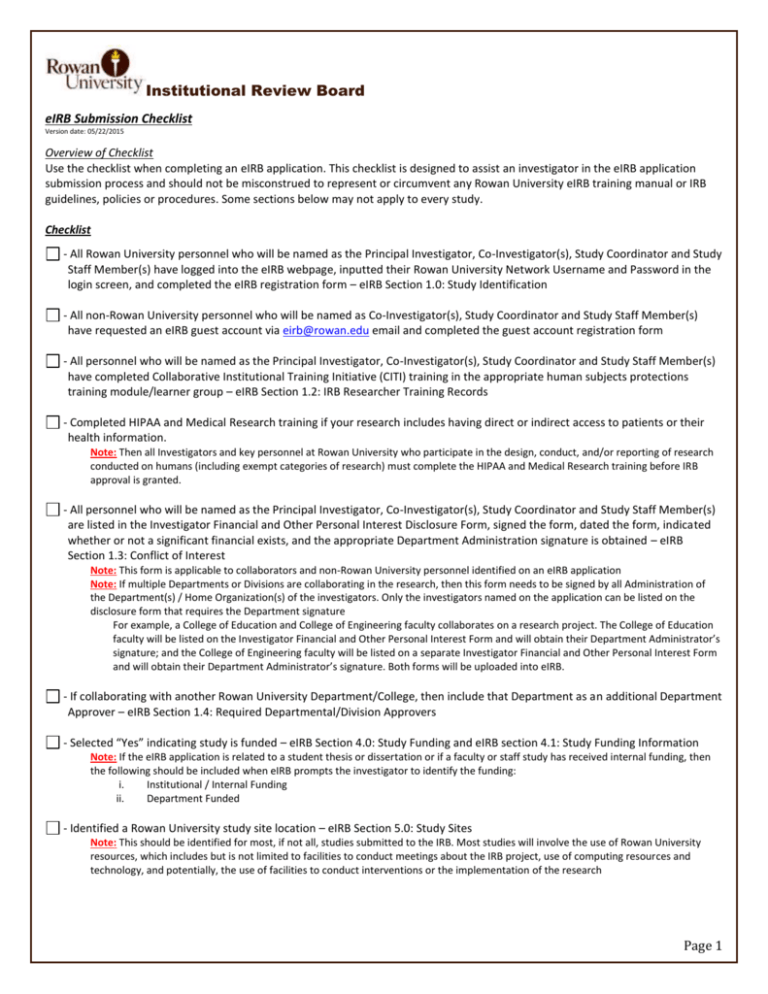 To Use The EIRB Application Submission Checklist To Use The EIRB Application Submission Checklist