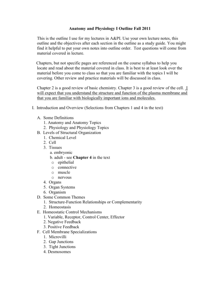 Anatomy And Physiology I Outline Anatomy And Physiology I Outline