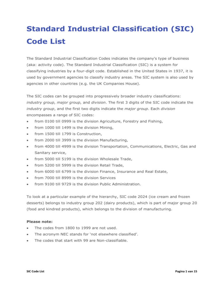 Standard Industrial Classification SIC Code List Standard Industrial Classification SIC Code List