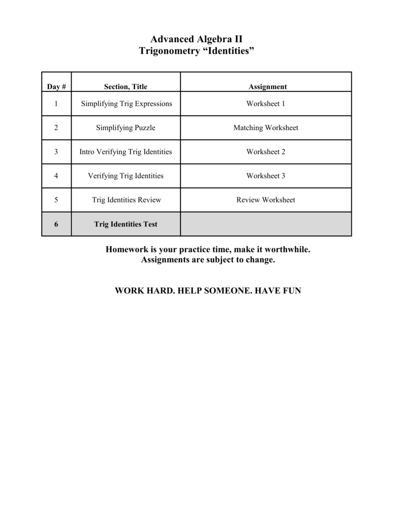 Verify Trig Identities Worksheet Owhentheyanks
