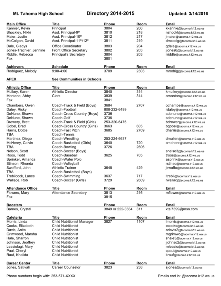 Mt. Tahoma High School Directory 2014-2015