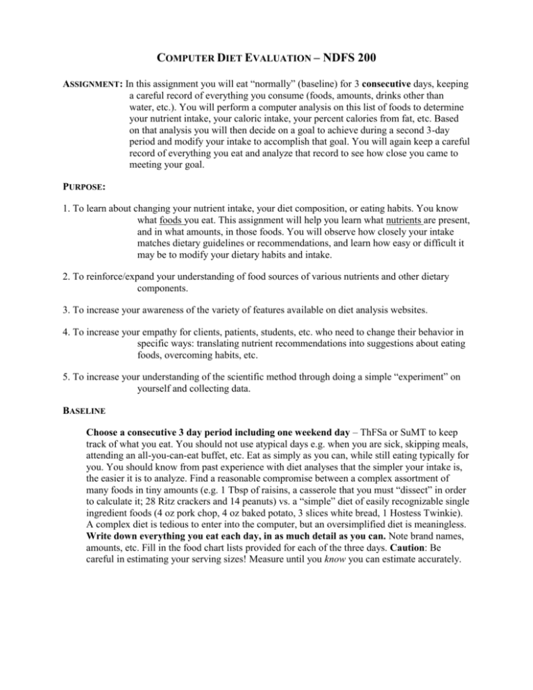 Dietary Analysis Instructions