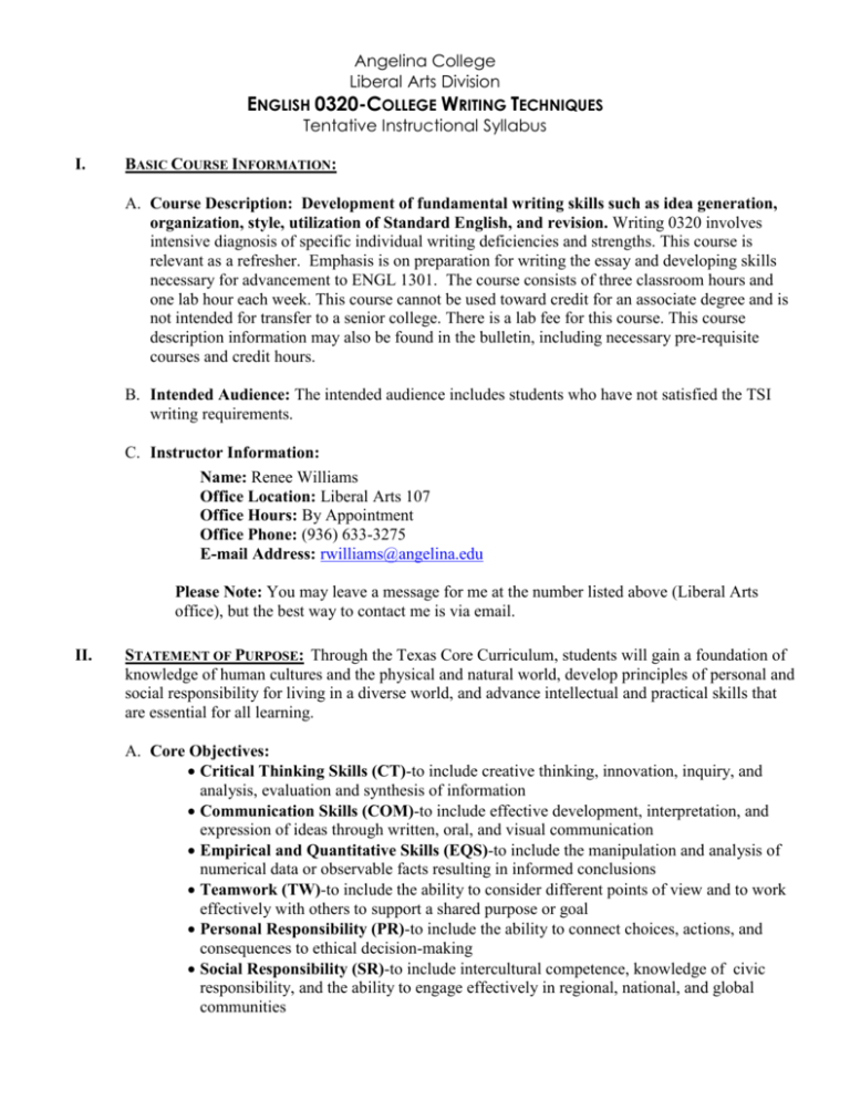 English 0320 College Writing Techniques