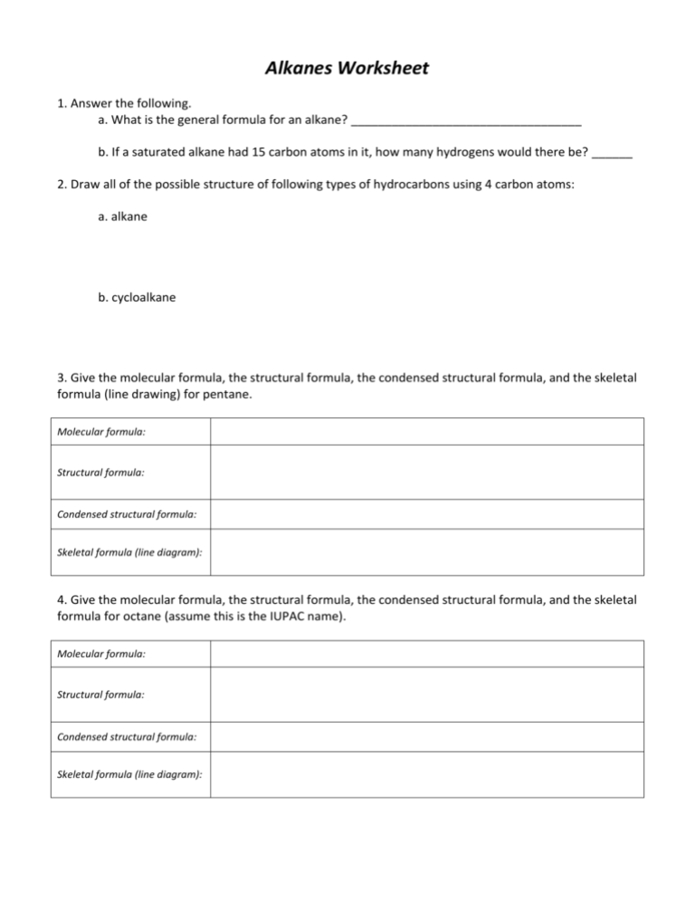 Alkanes Worksheet: Structure, Formulas, and Naming