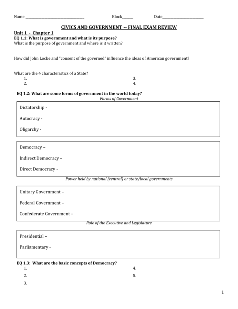 Civics And Government Final Exam Review