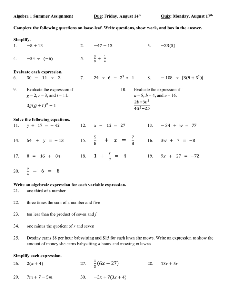 Algebra 1 Summer Assignment