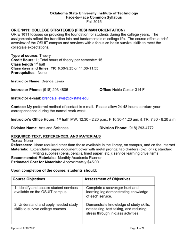Face-to-Face Common Syllabus - OSU Institute of Technology