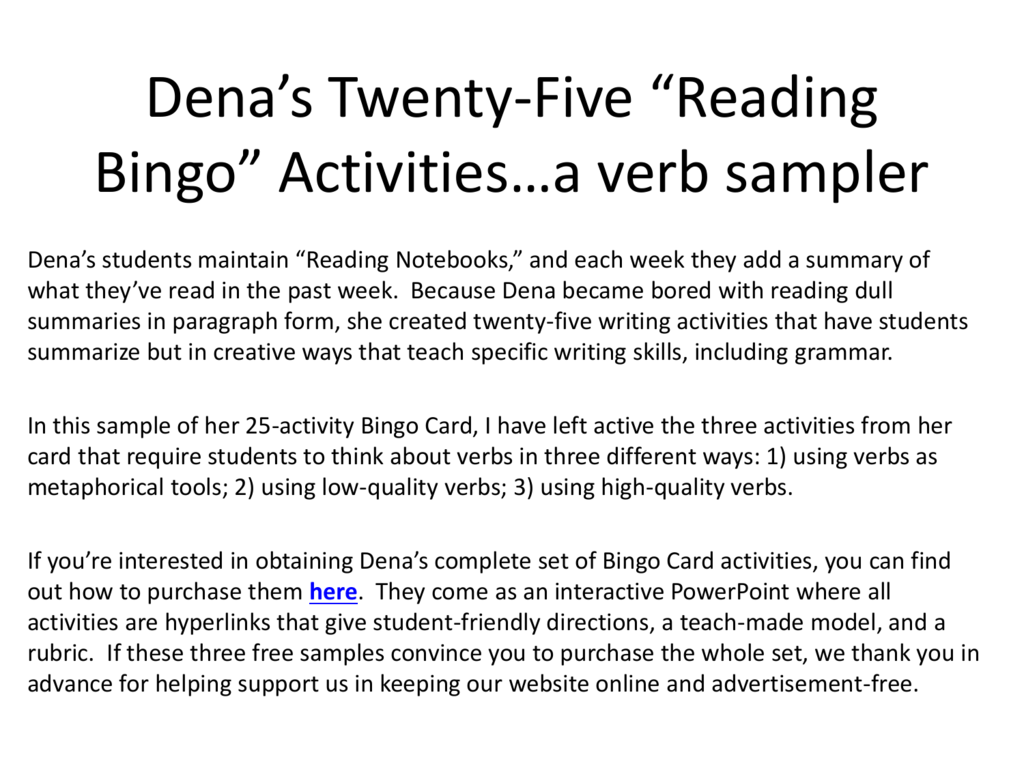 Reading Bingo Verb Sampler