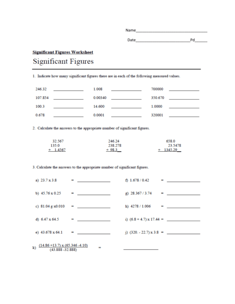 Significant Figures Worksheet Practice Problems