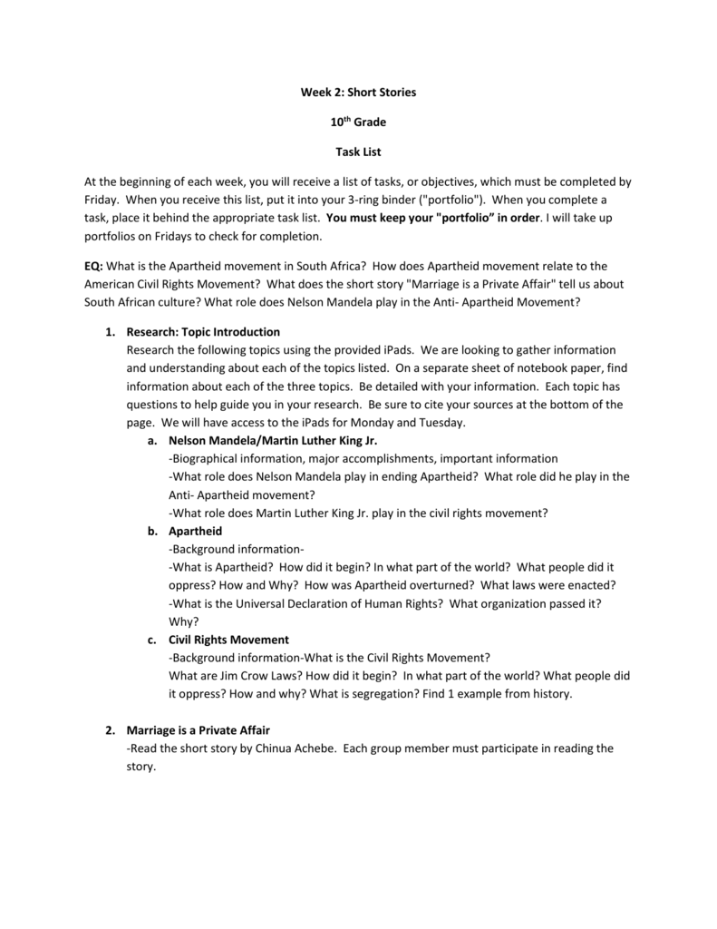 Week 2 Short Stories 10th Grade Task List At The Beginning Of Each Week 2 Short Stories 10th Grade Task List At The Beginning Of Each