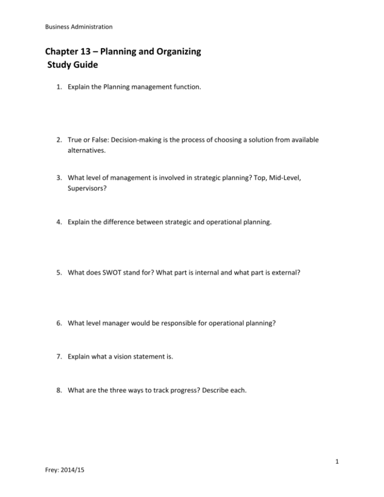Chapter 13 Planning And Organizing Study Guide