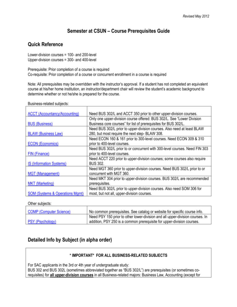 Semester At CSUN Course Prerequisites Guide