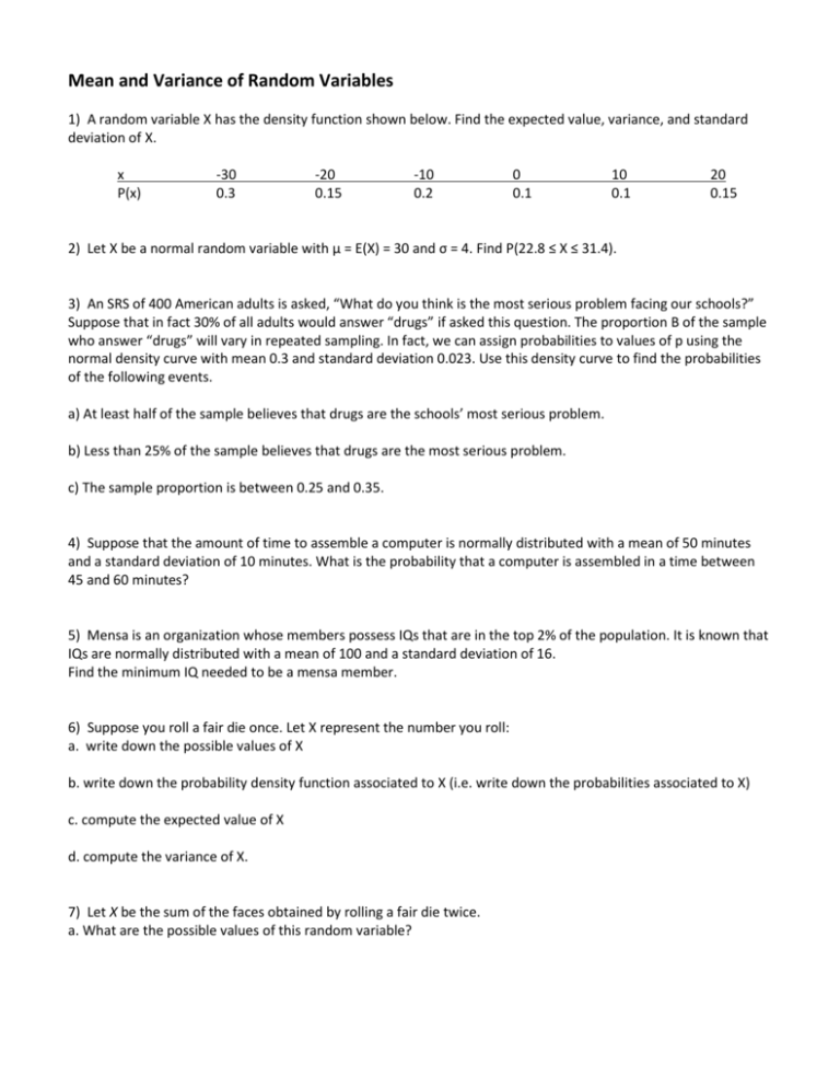 Mean And Variance Of Random Variables