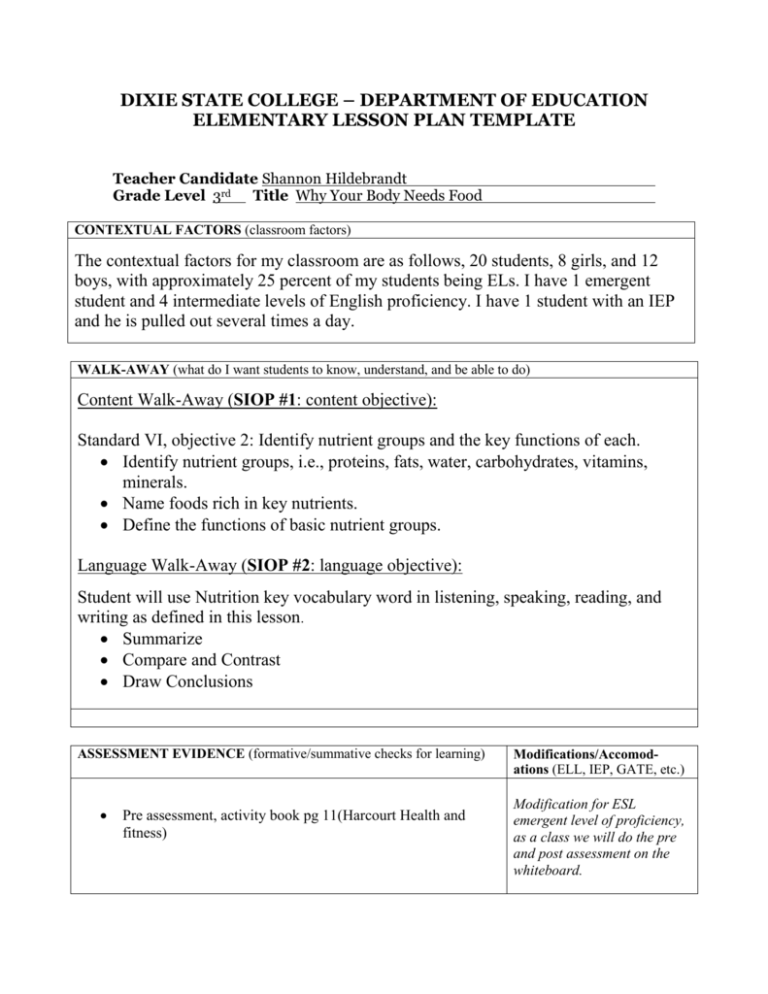 Nutrition Lesson Plan Nutrition Lesson Plan