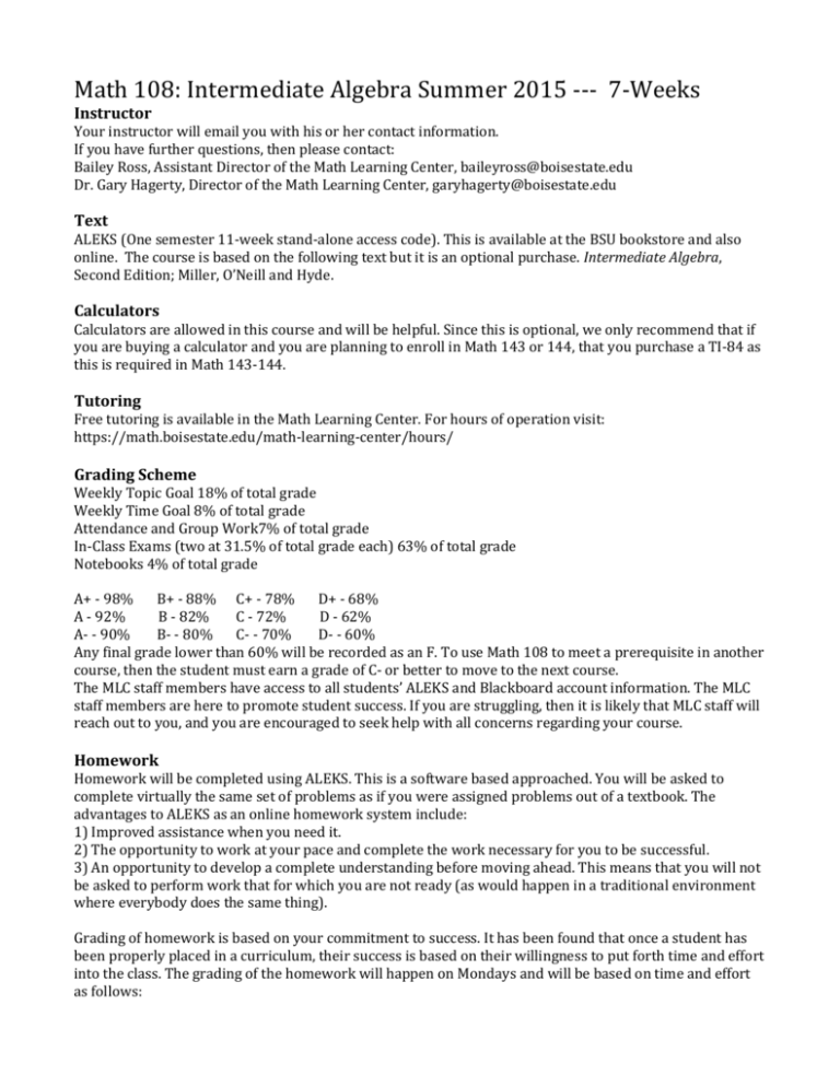 Math 108 Summer 2015 Syllabus