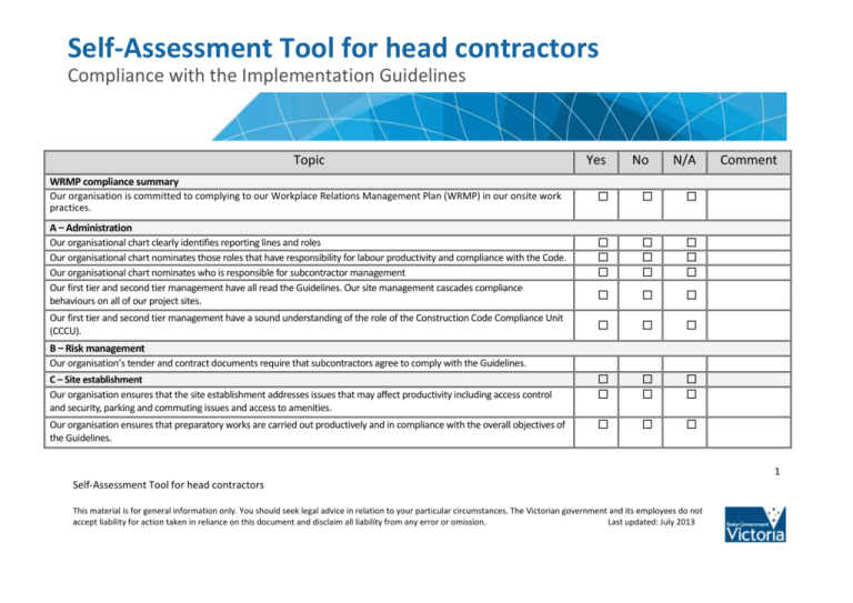 Self-Assessment Tool for head contractors