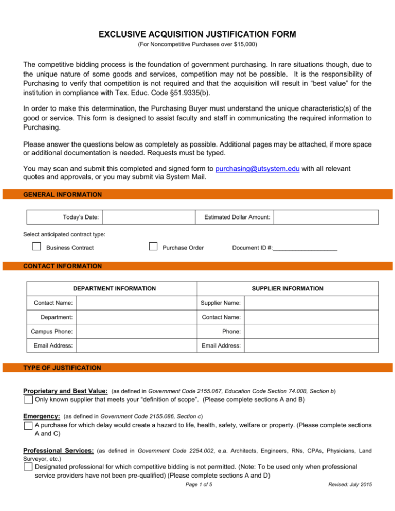 exclusive acquisition justification form