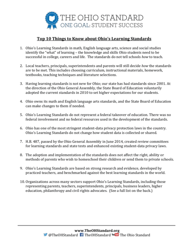 Top 10 Things To Know About Ohio s Learning Standards