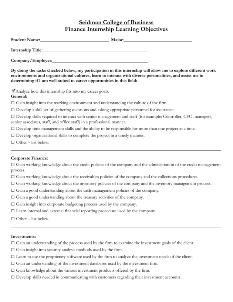 Finance Internship Learning Objectives