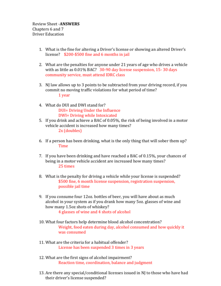 Review Sheet ANSWERS Chapters 6 And 7 Driver Education What
