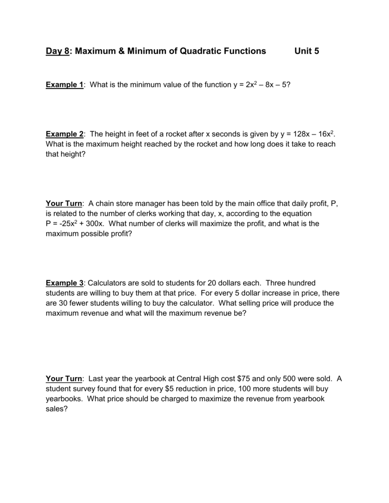 Day 8 Maximum Minimum Of Quadratic Functions Unit 5