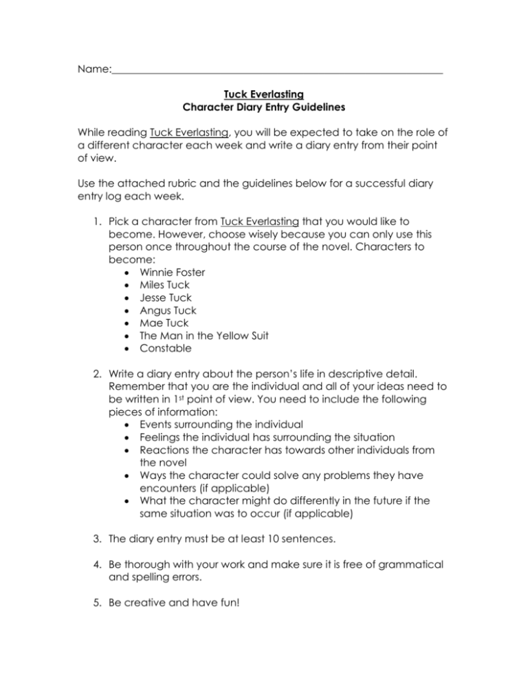 Character Diary Entry Guidelines