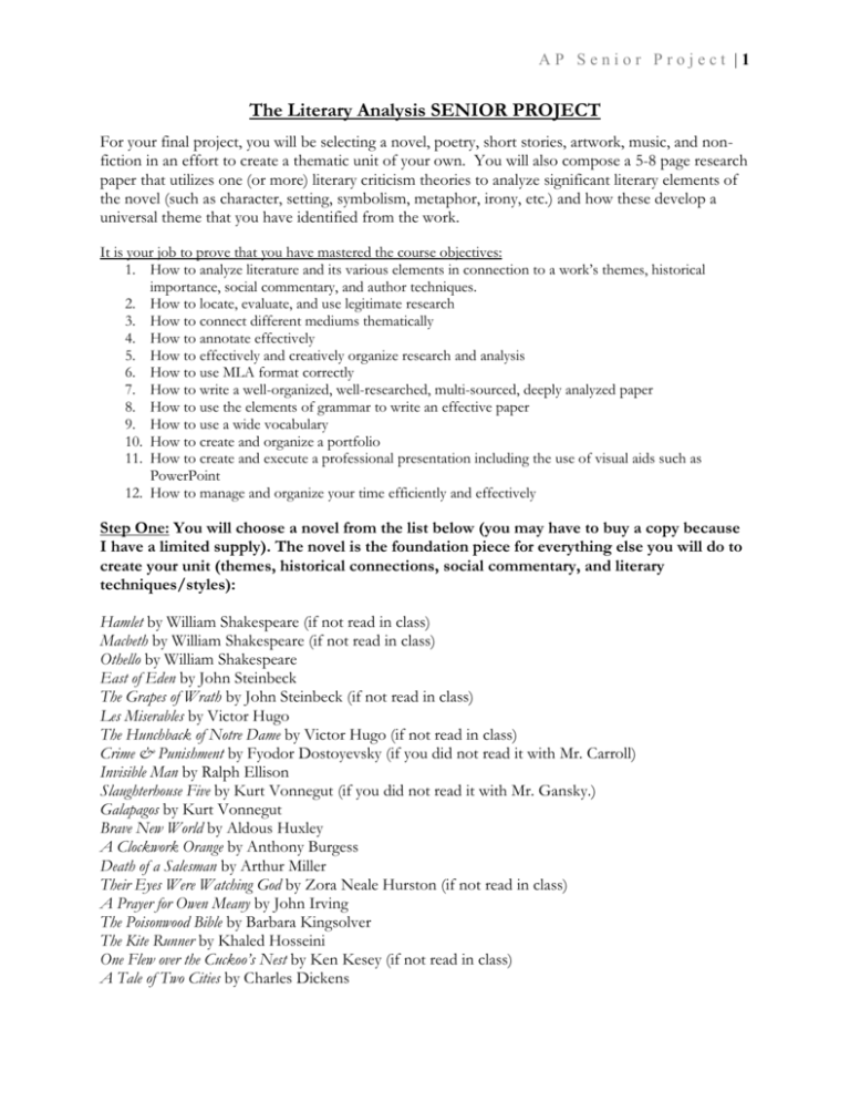 The Literary Analysis SENIOR PROJECT Mr Bodell s Class