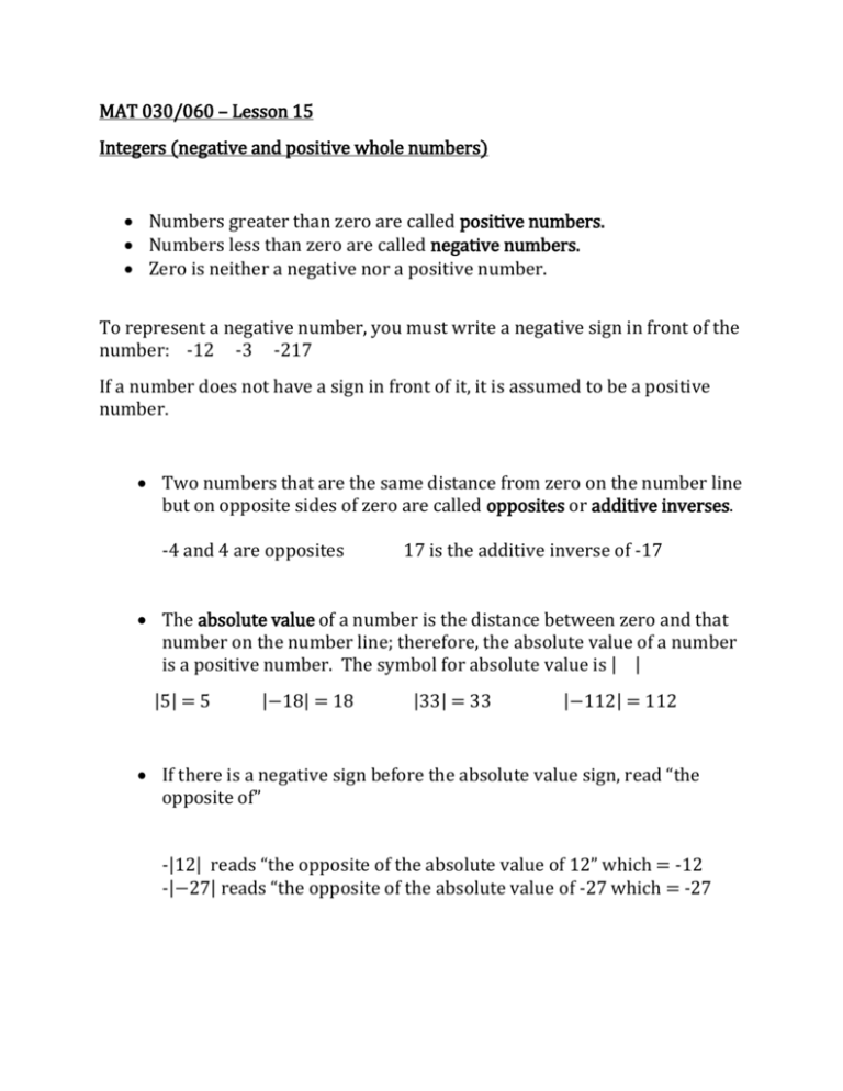 Integers Neg Pos Lesson 13