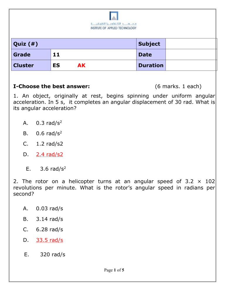 Grade 12 Core Science Quiz 1 LC2 Chapter 23 Section 23 Grade 12 Core Science Quiz 1 LC2 Chapter 23 Section 23