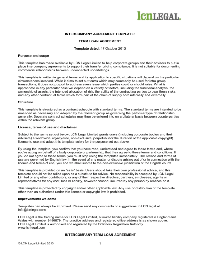 INTERCOMPANY AGREEMENT TEMPLATE TERM LOAN