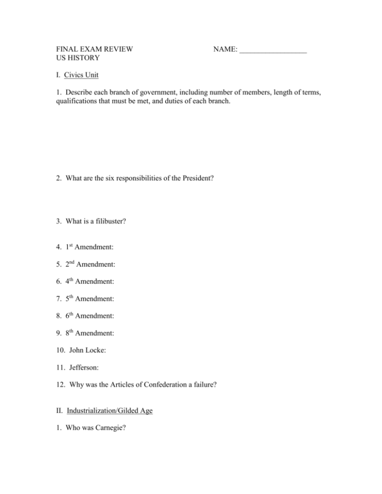 Old American History Final Review Packet Old American History Final Review Packet