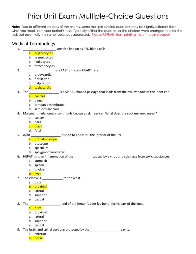 Prior Unit Exam Multiple Choice ions Note Due To Different