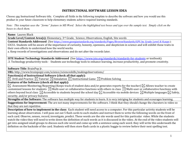Instructional Software Lesson Idea