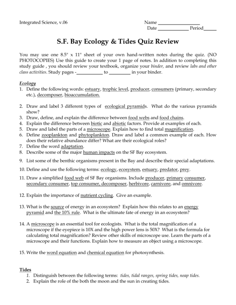 SF Bay Ecology Tides Quiz Review