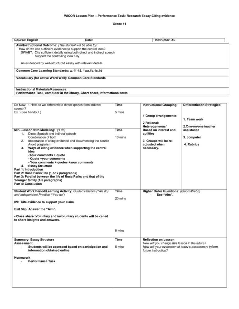 12 1 Lesson Plan format performance Task Assignment