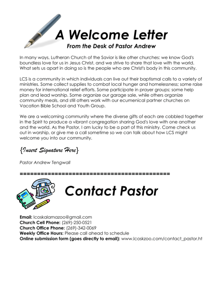 A Welcome Letter From The Desk Of Pastor Andrew