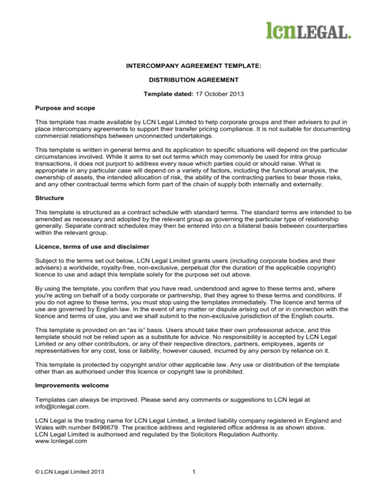 INTERCOMPANY AGREEMENT TEMPLATE DISTRIBUTION