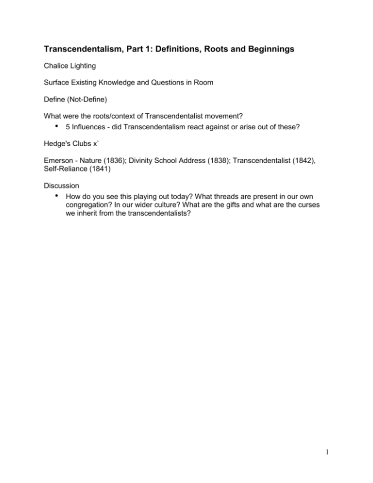 Transcendentalism Class 1 Outline