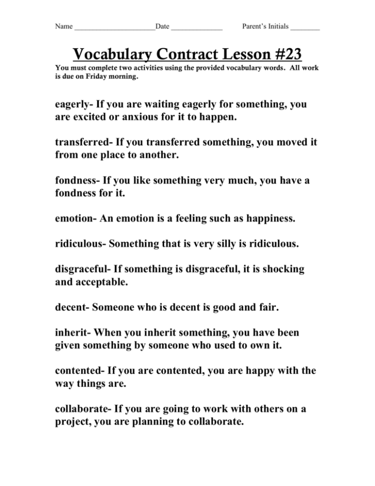 Vocabulary Contract Lesson 23