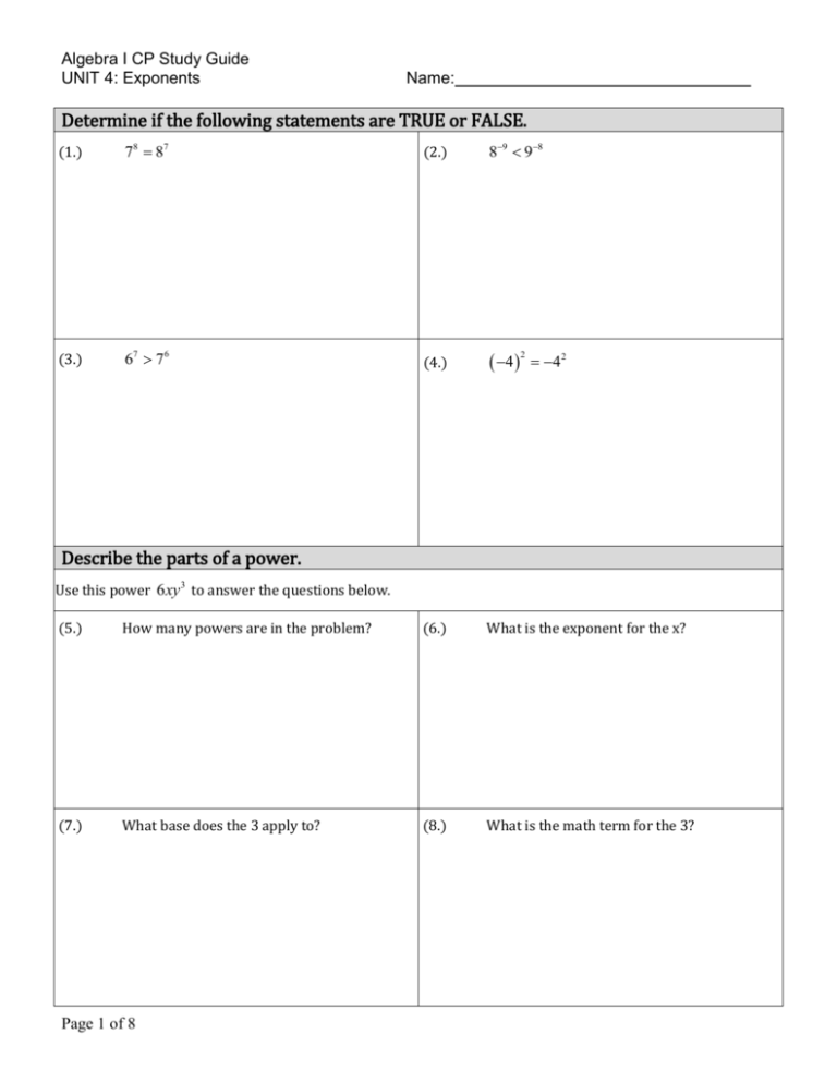 Algebra I CP Study Guide Sections 5 Algebra I CP Study Guide Sections 5