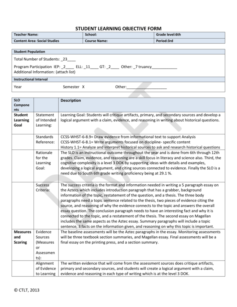 student learning objective form