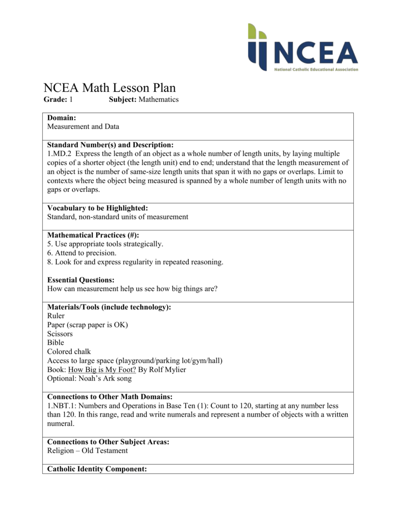 NCEA Math Lesson Plan Grade 1 Subject Mathematics Domain
