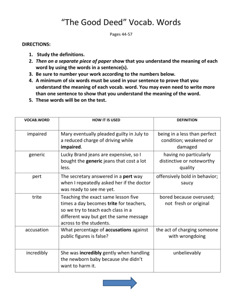  The Good Deed Vocab Words