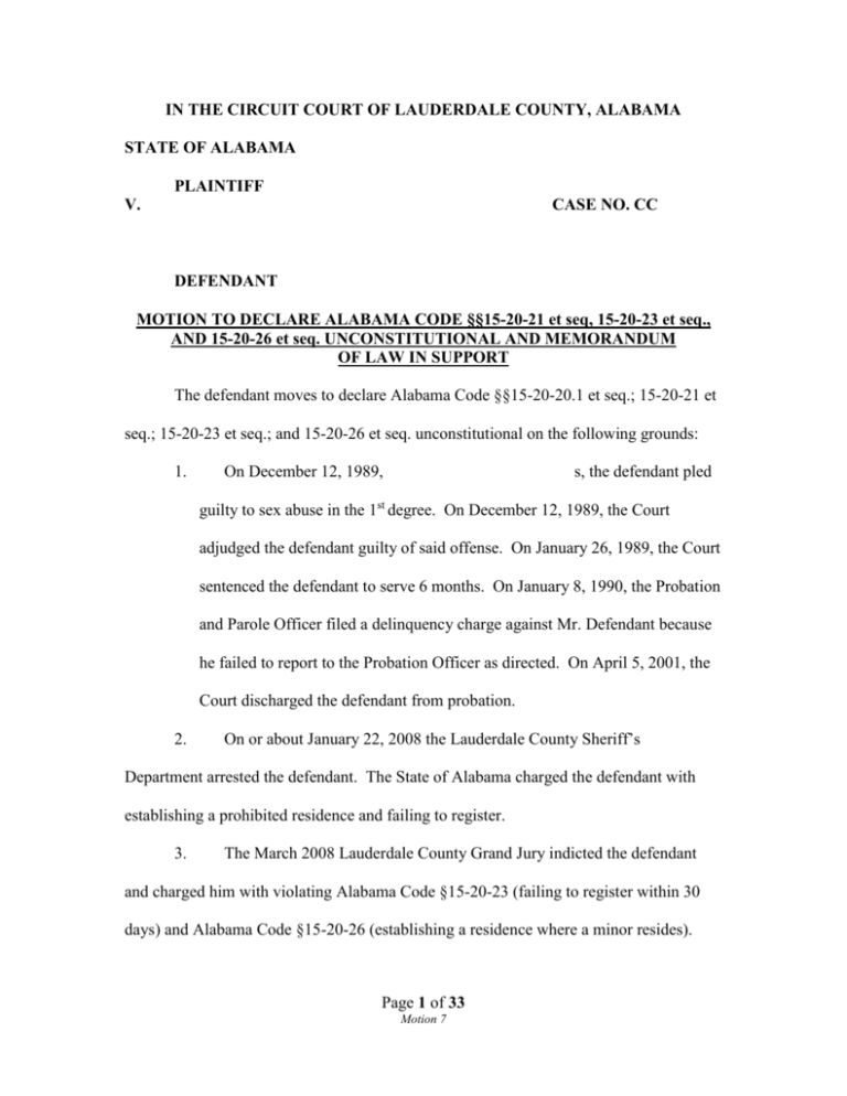 MOTION TO DECLARE ALABAMA CODE 15 20 21 Et Seq 15 MOTION TO DECLARE ALABAMA CODE 15 20 21 Et Seq 15