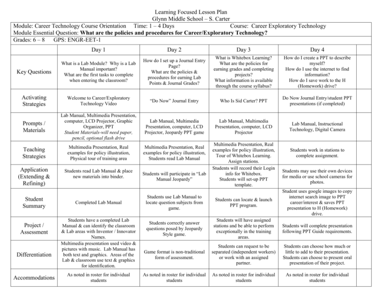 Learning Focused Lesson Plan