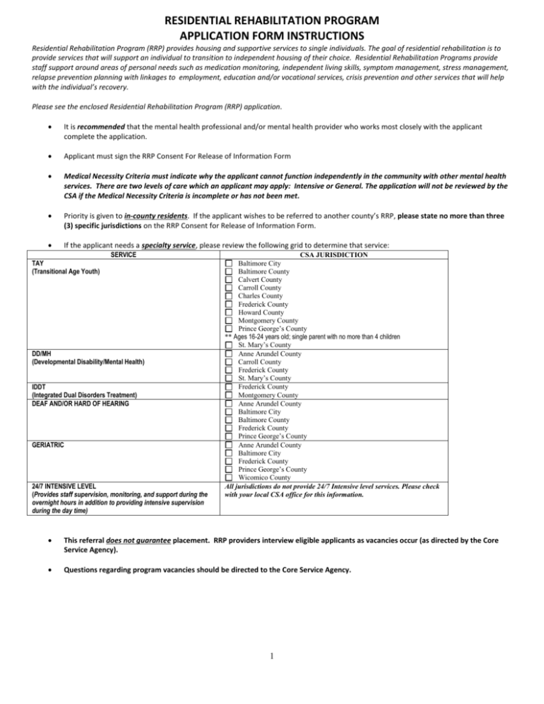 application for residential rehavilitation services