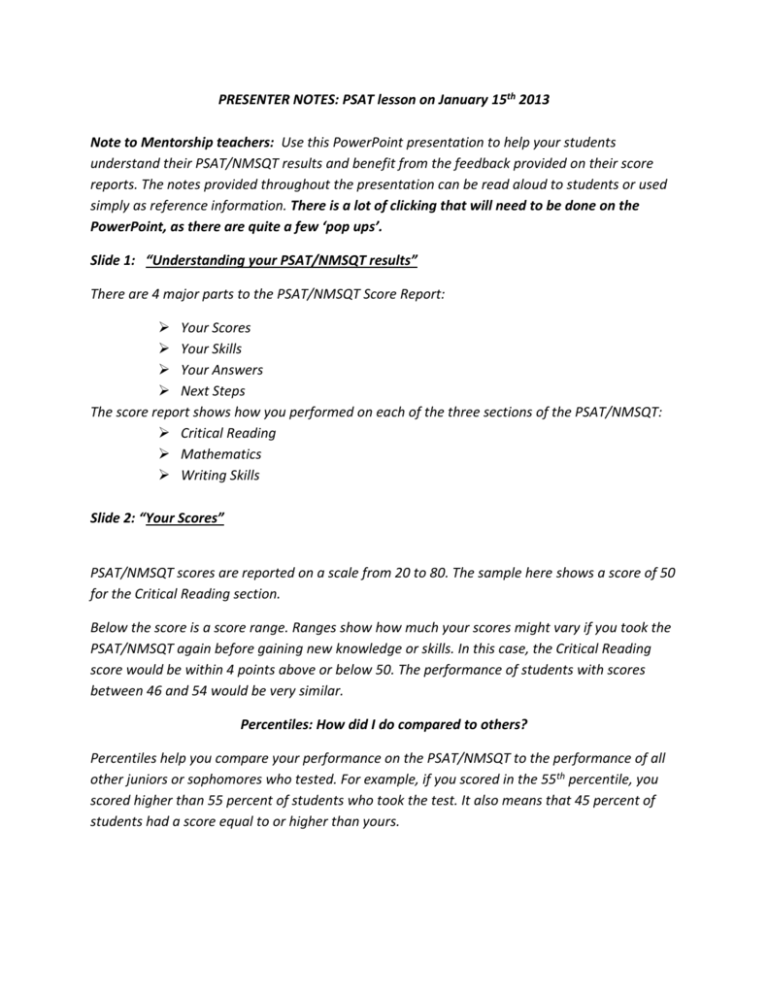 PRESENTER NOTES PSAT Lesson On January 15th 2013